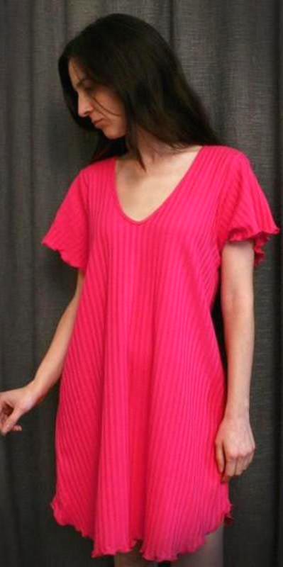 Hot Pink Short Sleeve Short NightGown Cotton Shadow Stripe, Made In The USA